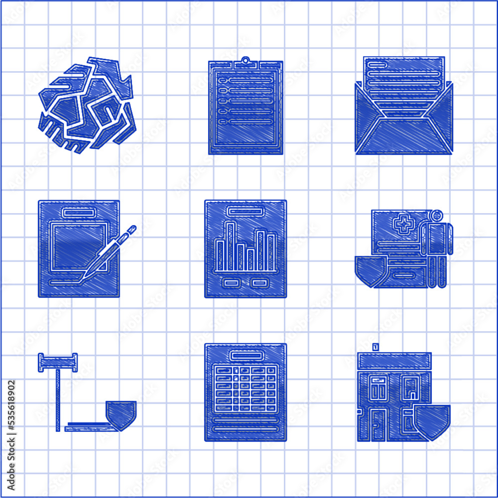 Set Document with graph chart, Report file document, House shield ... Set Document with graph chart, Report file document, House shield ...