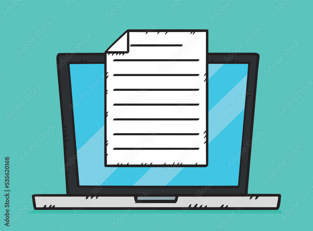 Hand drawn illustration of text document showing on laptop screen ...