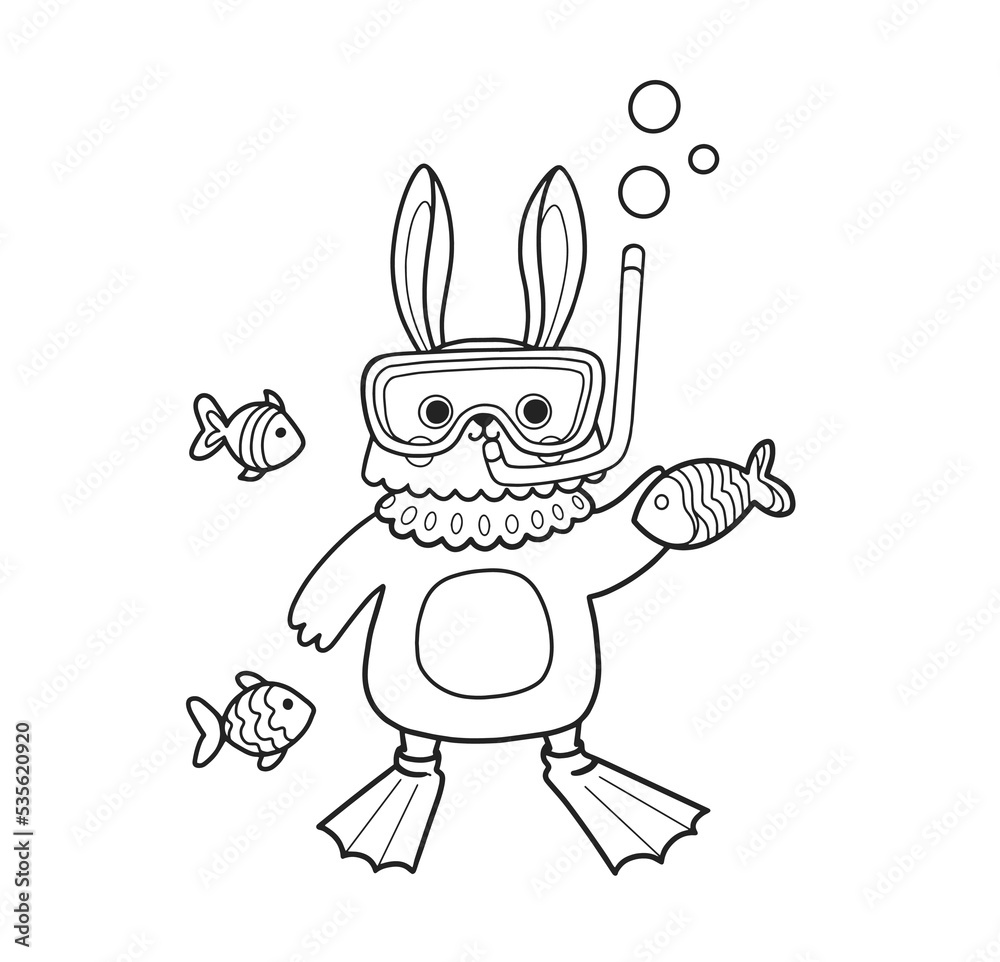 Cute rabbit outline cartoon character. Bunny in scuba floating with ...