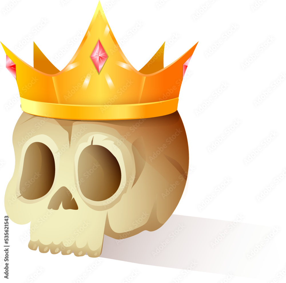King scull wearing golden treasure crown with gems, dead royal skeleton ...