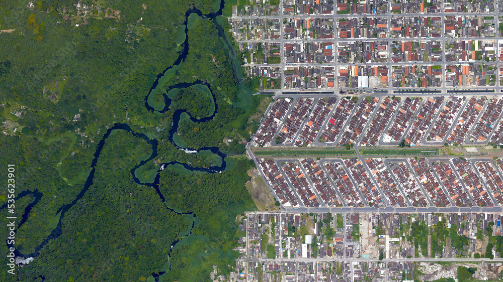 Forest, river and city border, forest and city separated by zigzag line ...