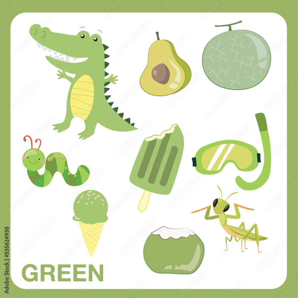 Ready to print worksheet green color objects. Learning about colors for ...