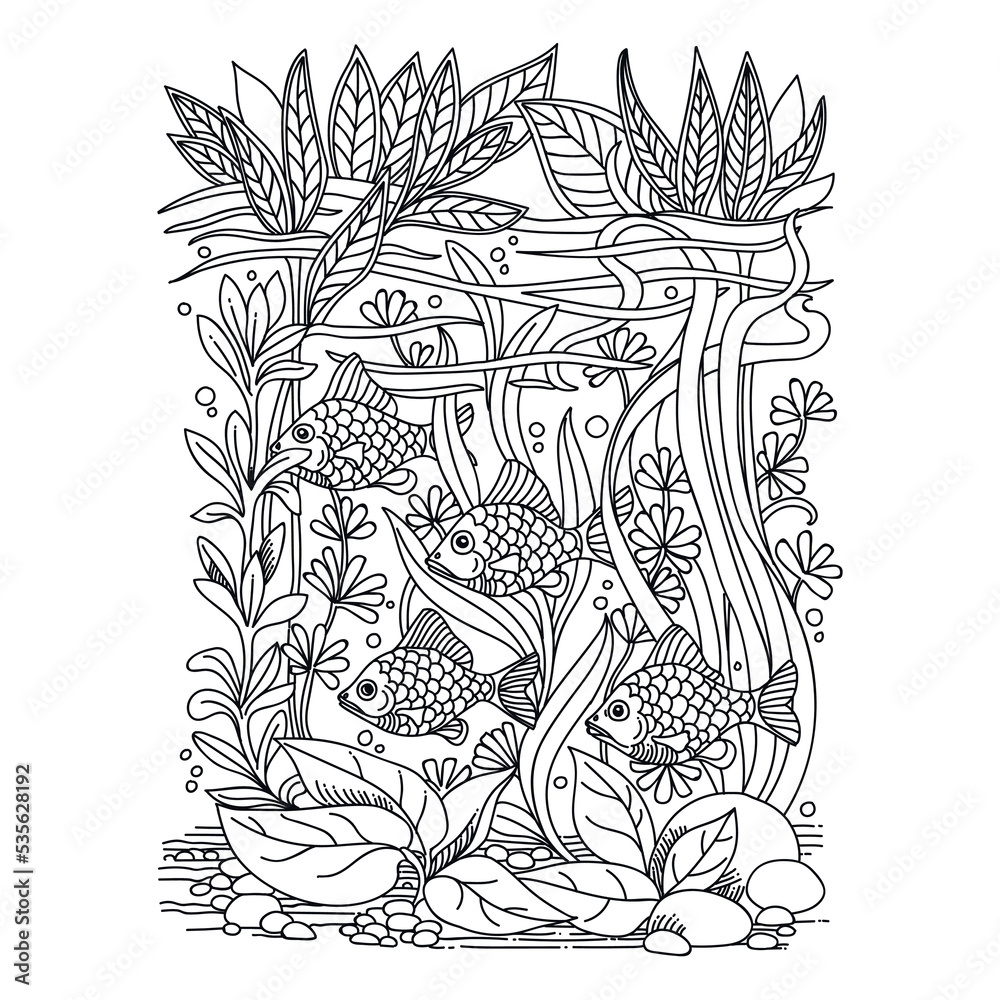 Underwater. Flock of fish swimming in the sea. Doodles. Coloring page ...