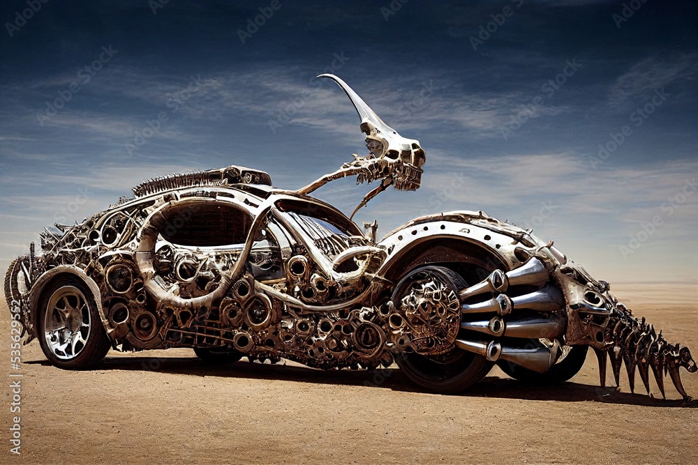 surrealistic car made of bones, biomechanical vehicle, crazy post ...