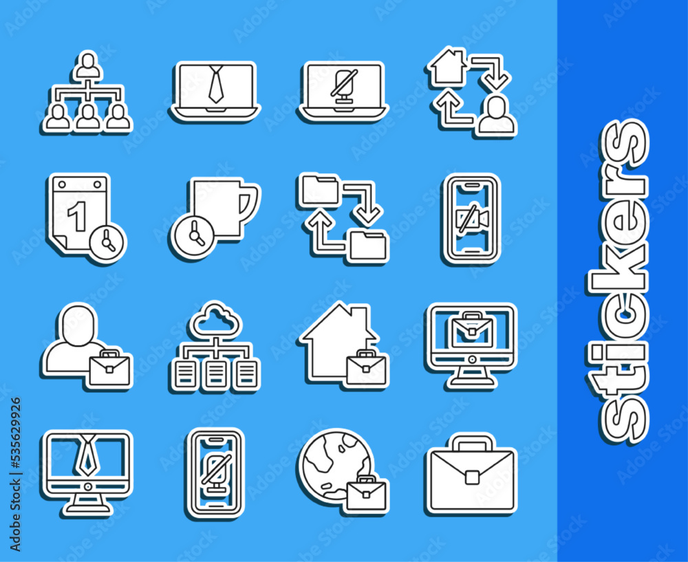 Set Line Briefcase Online Working Video Camera Off On Mobile Mute Microphone Laptop Time