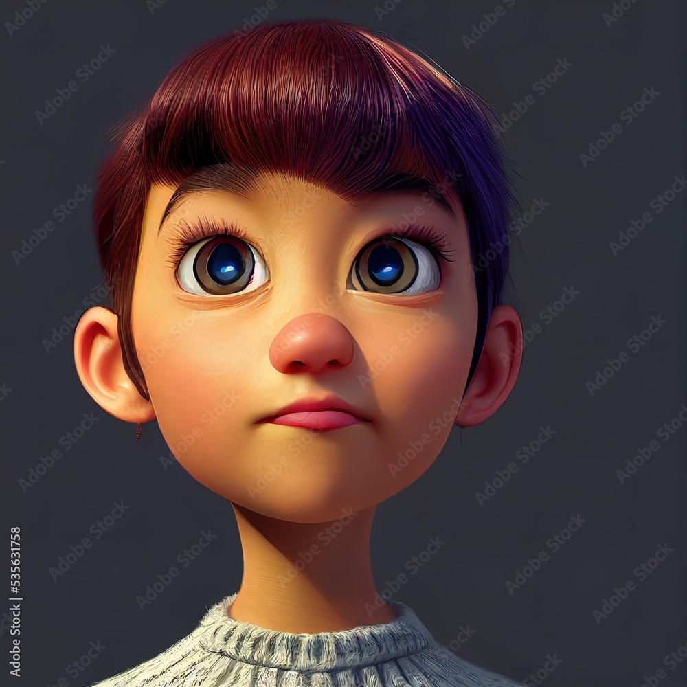 Short haired young woman, graphic designer. Cartoon big eyed close up ...