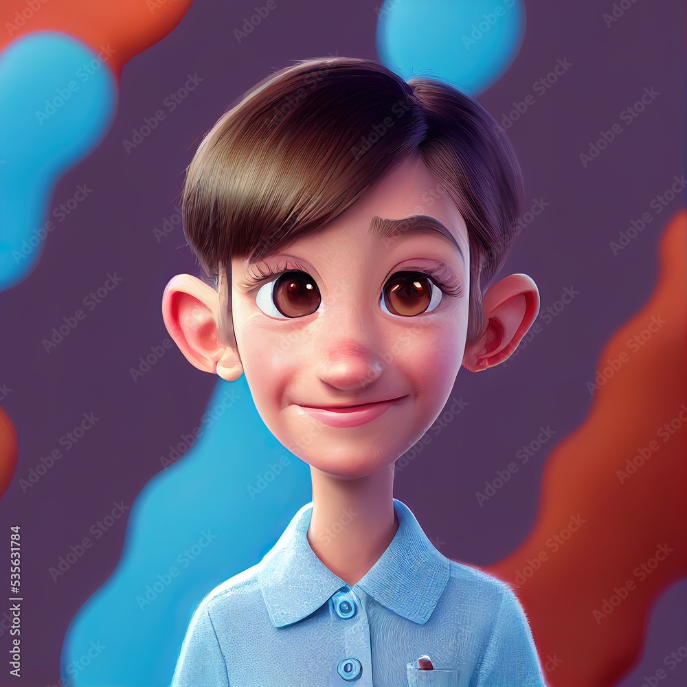 Short haired young woman, graphic designer. Cartoon big eyed close up ...