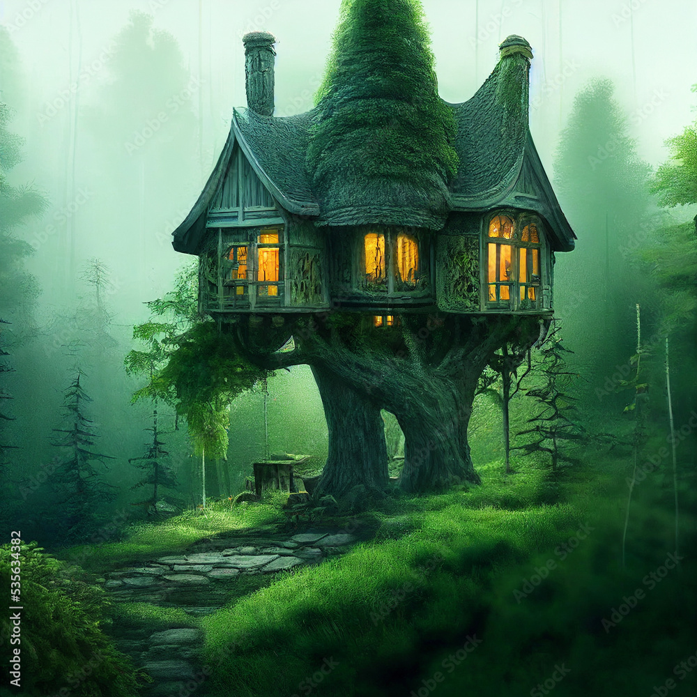 Fairytale landscape: wooden treehouse in magic green forest, digital ...