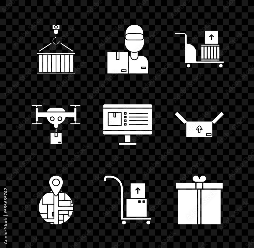 Vetor de Set Container on crane, Delivery man with cardboard boxes, Electric hand truck and ...