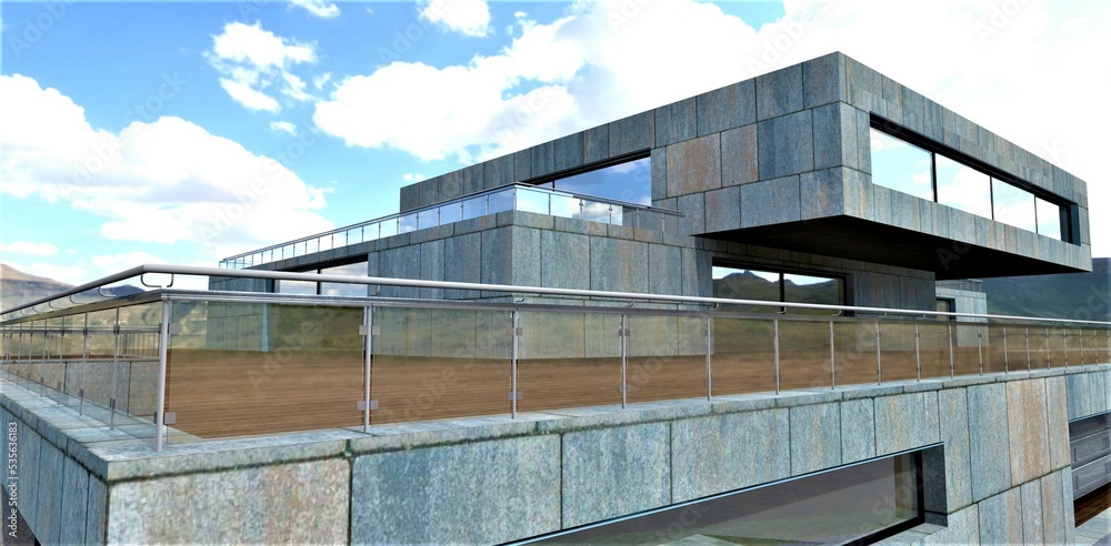 Terrace railing made of glass panels with steel railings. Granite ...