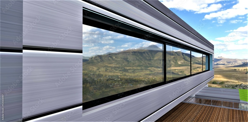 The concept of a panoramic window of a futuristic private house. Six ...