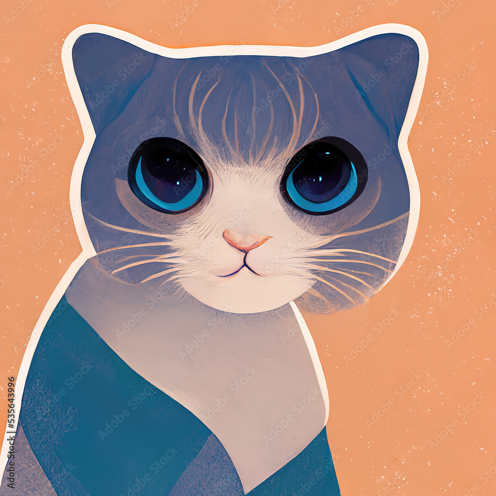 Cute cat with blue eyes portrait illustration. Gray-blue cat sticker ...