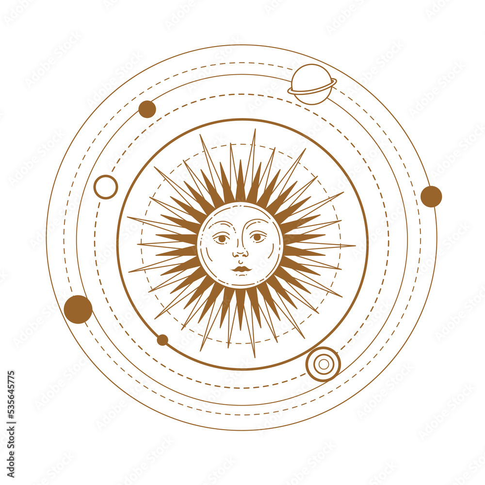 Solar system vector illustration. Sun with a human face. Hand drawn ...