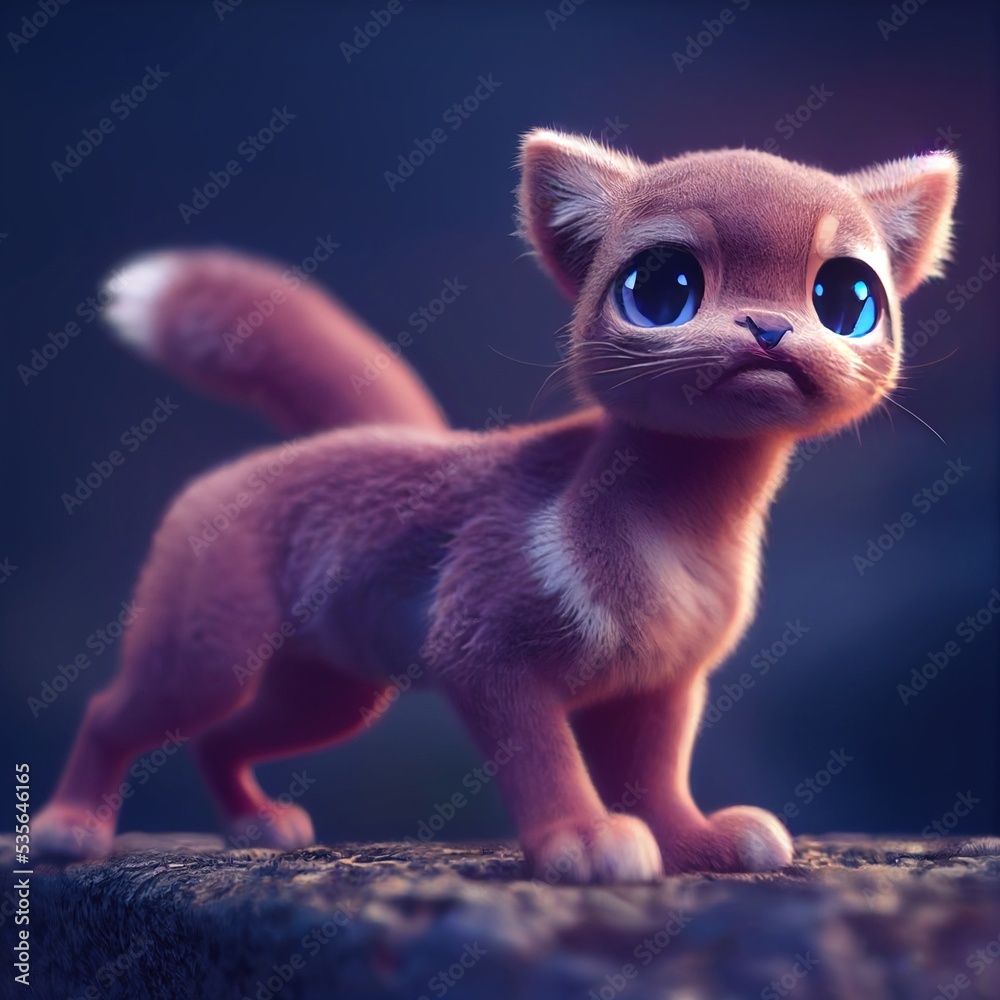Tiny cute adorable wild cat in the forest, intricate details. Cartoon ...