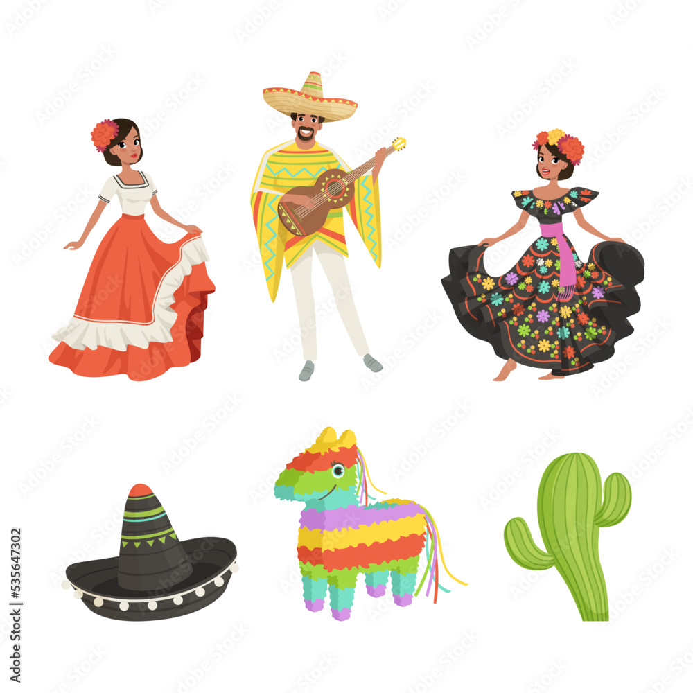 Mexico traditional objects set and people in mexican national costume ...