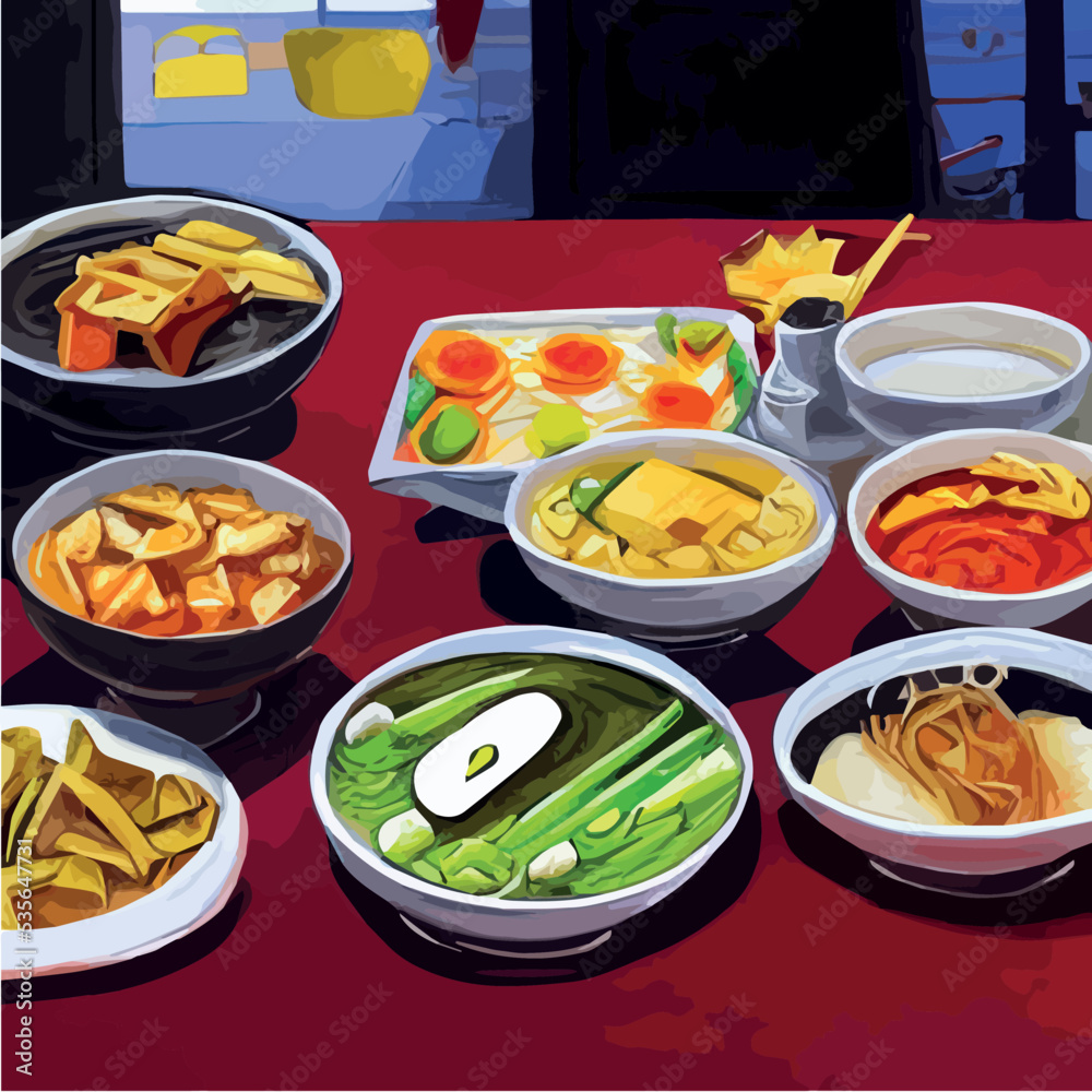 Asian food engraved on the table. Noodle dishes at the top of the view ...