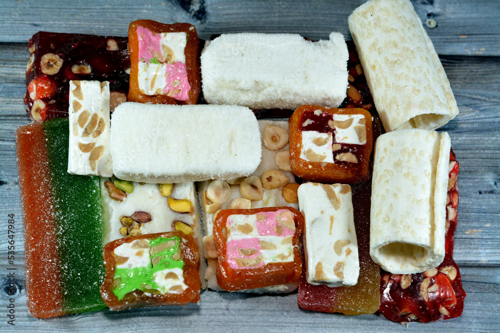 Collection of Arabian sweet candies with nuts, peanuts, hazelnuts and ...