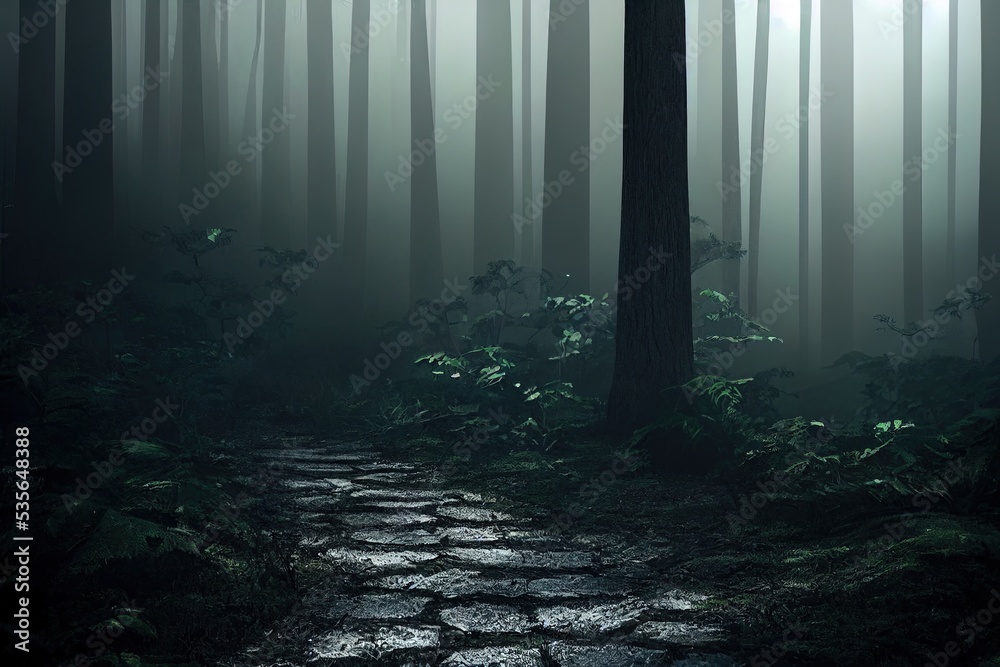Dark forest panorama, path in magical scary forest at night, digital ...