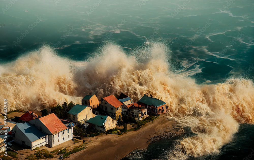A tsunami hit a small seaside town. Apocalyptic dramatic background ...