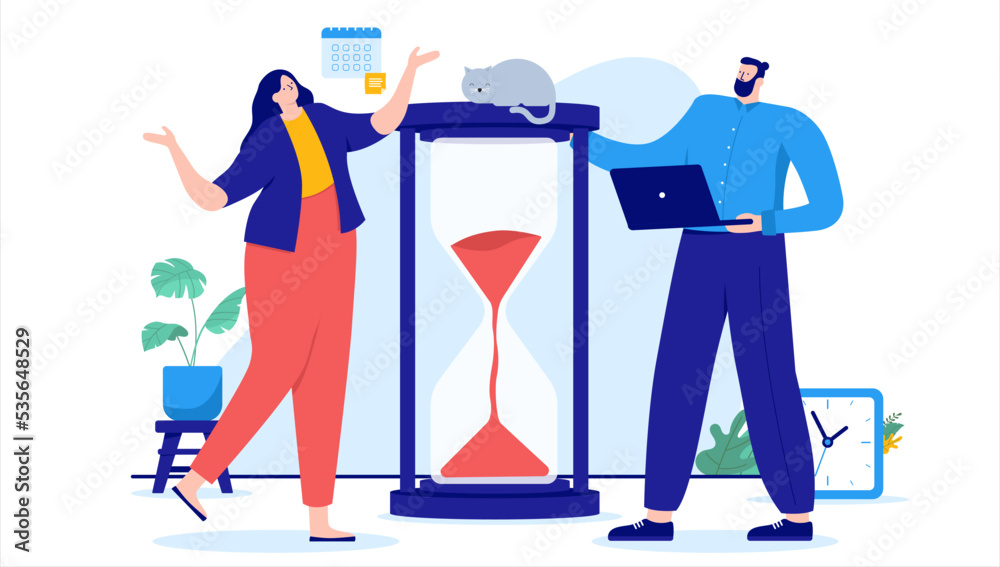 Work deadline - Man and woman with hourglass working on projects as ...