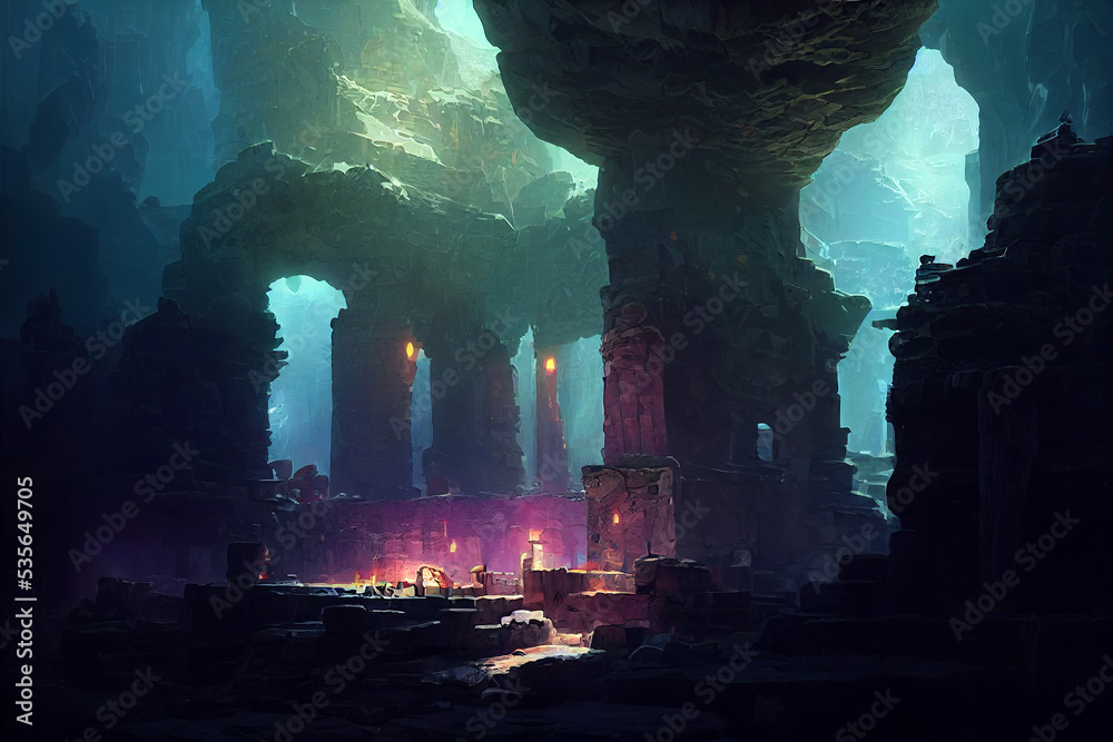 Fantasy Dark Ancient Ruins Underground Cavern, Dungeons and Dragons Digital Concept Art Stock ...
