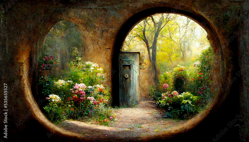 Entrance to beautiful secret garden. AI illustration, 16:9. Fantasy ...