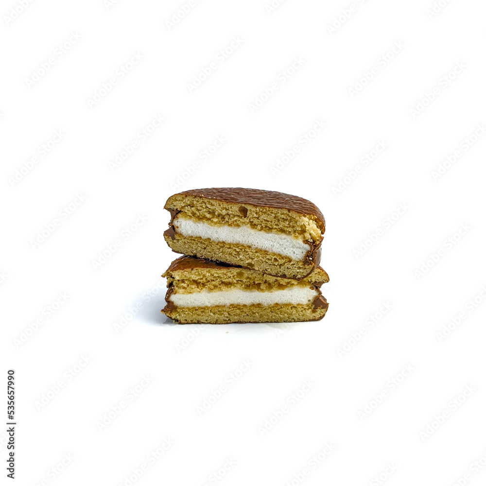 Delicious choco pies with marshmallow on white background. Classic ...