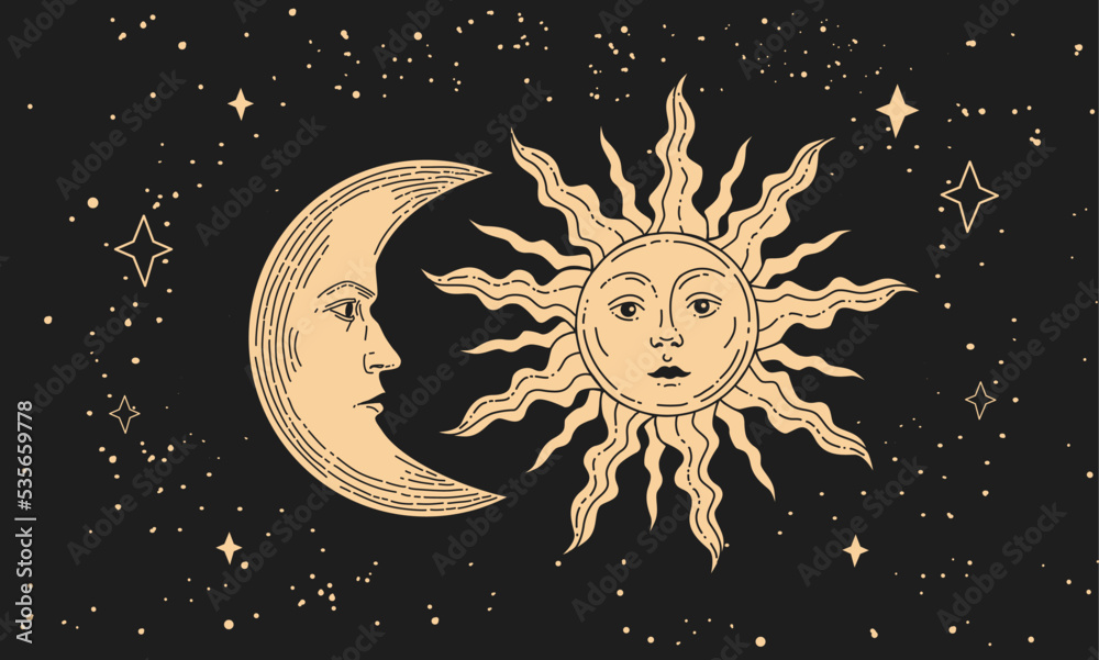 Sun vector linear illustration. Hand drawn celestial illustrations ...