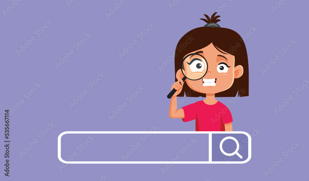 Little Girl Searching the Internet with Magnifying Glass Vector Cartoon ...