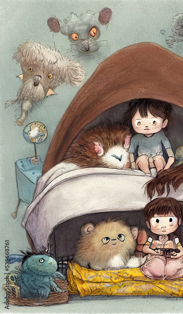 cute furry monsters hiding under a bed of a boy who has made friends ...