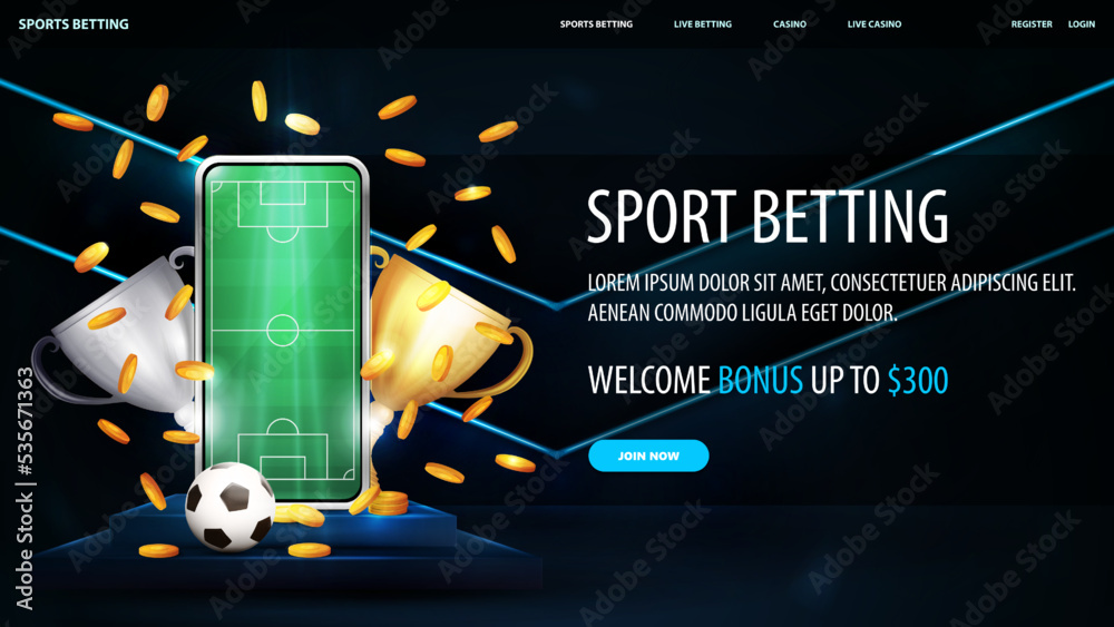 Sports betting, banner with podium, smartphone, champion cups, falling ...