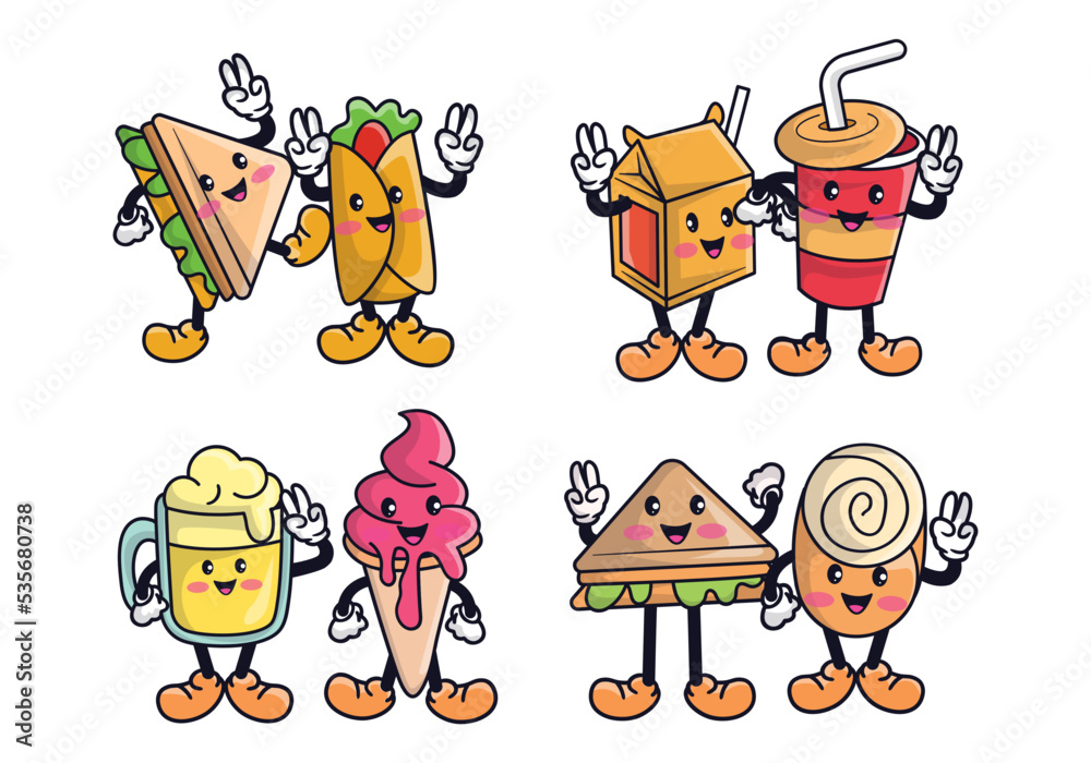 Cute chibi couple food cartoon character doodles. Bundle of best ...