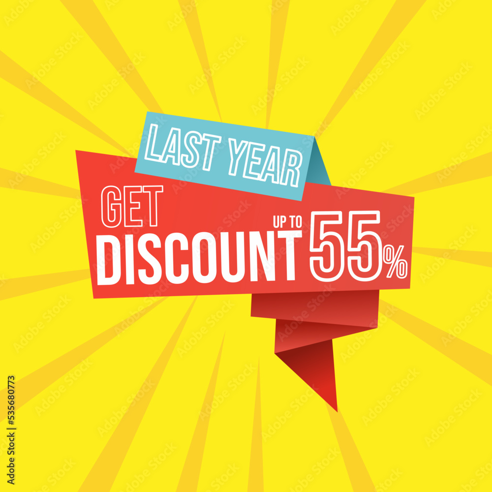 Discount last year up to 55 percent red banner with floating ribbon ...