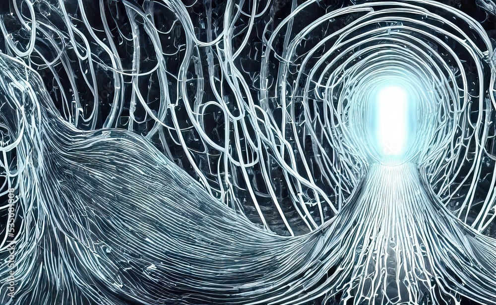 Person brain connected via wires and veins to an ai biomech ethereal ...