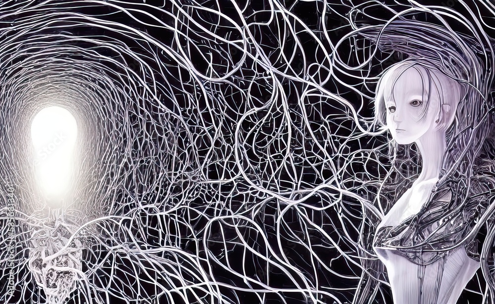 Person brain connected via wires and veins to an ai biomech ethereal ...
