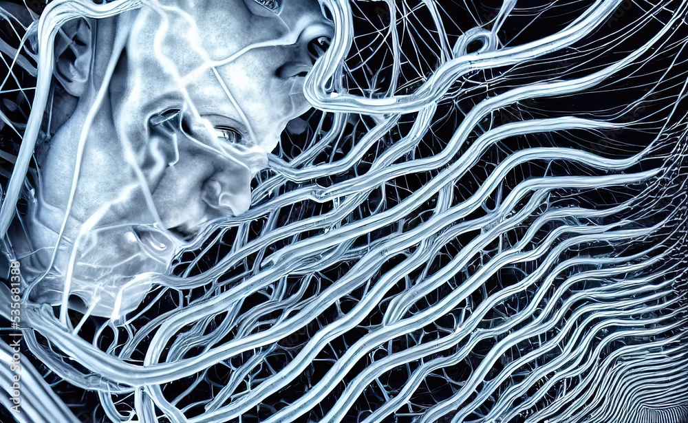 Person brain connected via wires and veins to an ai biomech ethereal ...