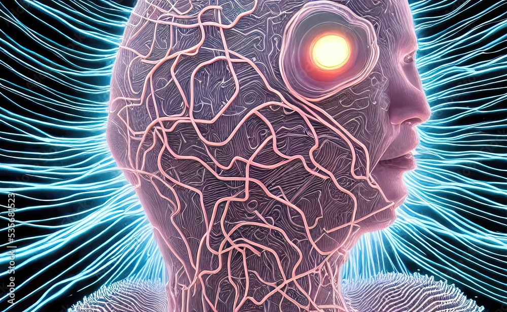Person brain connected via wires and veins to an ai biomech ethereal ...