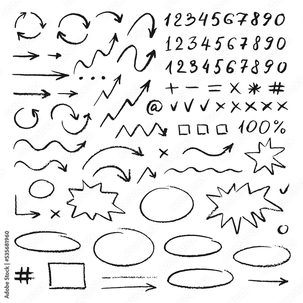 Set of handwritten numbers, signs and arrows. Vector elements for ...