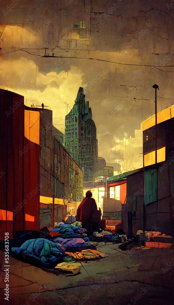 Poverty and homelessness digital illustration, computer-generated to ...