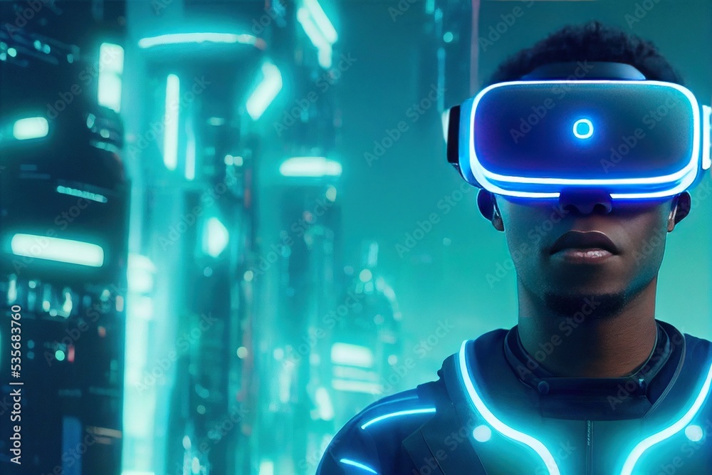 Virtual Reality in the Metaverse - An AI-generated illustration of a person wearing a VR headset ...