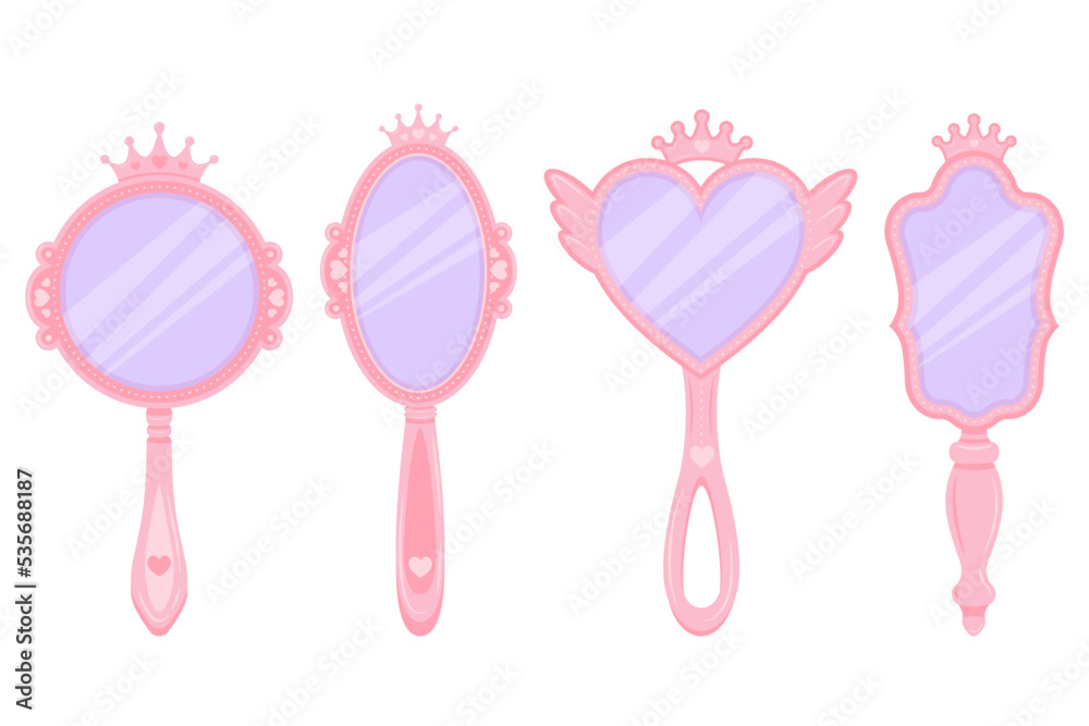 Pink princess mirror set with crown. Cartoon hand frame for girls ...