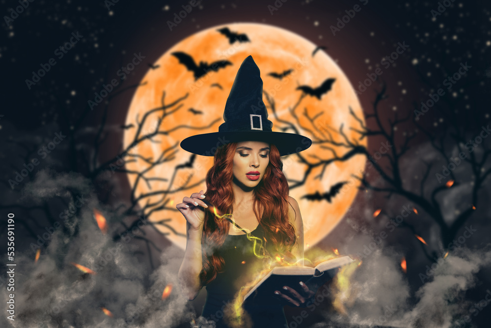 Collage portrait of mysterious conjurer girl hold magic wand read hex ...