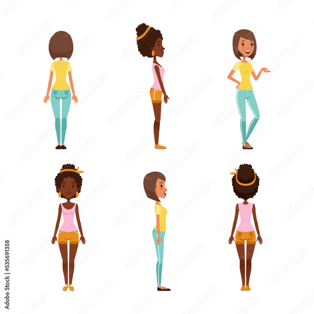 Full length portraits of girls posing back, front and side view. Female ...