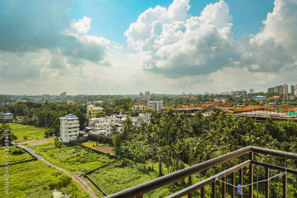 Kerala landscape with ponds and green paddy fields, greenery coconut ...