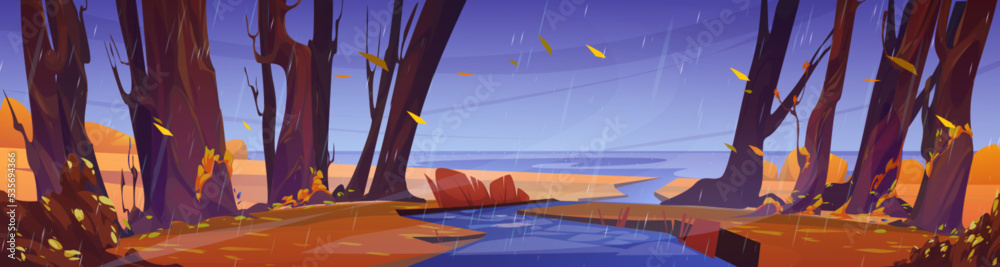 Vecteur Stock Autumn landscape with forest, river flowing into sea and ...