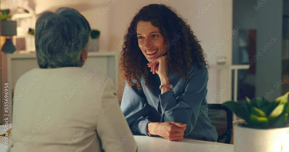 Office gossip, friends and conversation at night in workplace with work ...