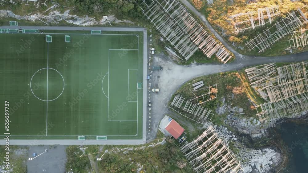 Aerial view of Lofoten's most famous soccer football field in ...