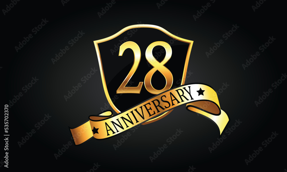 28 year anniversary logo with golden shield and ribbon. Dark elegant ...