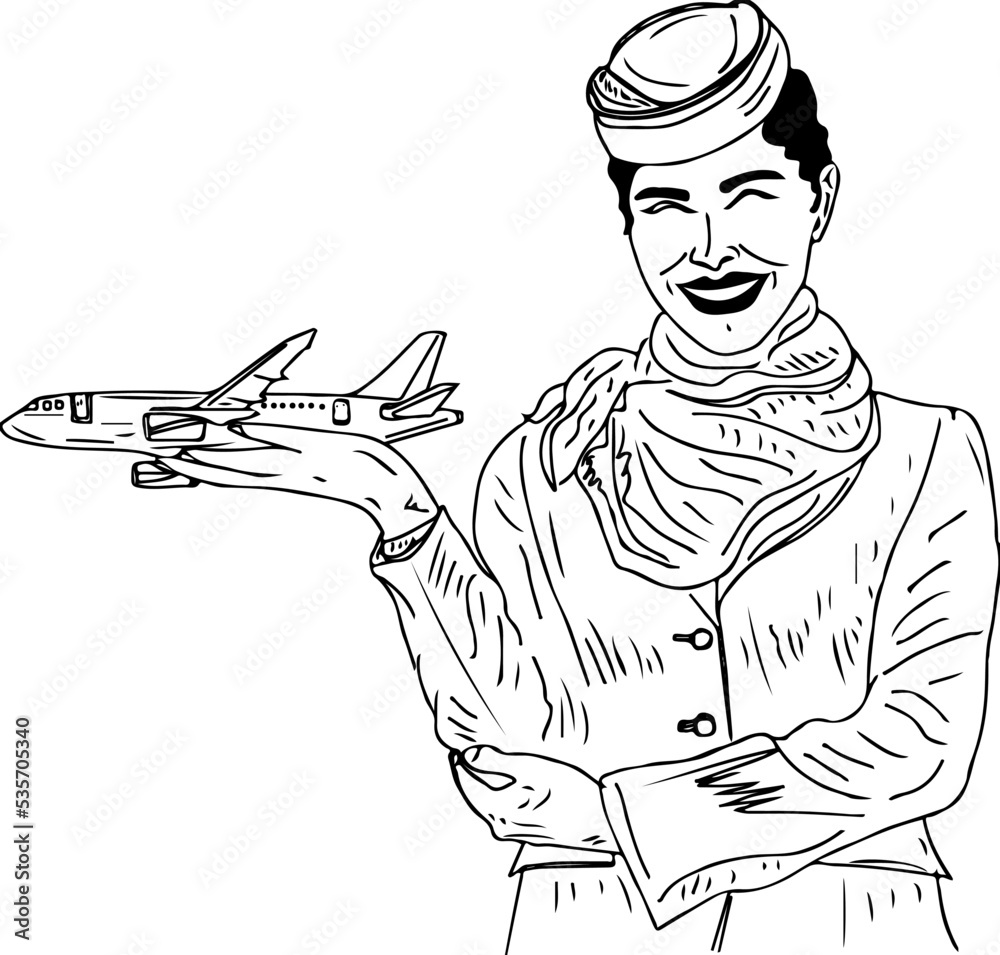 Sketch drawing of Air hostess is holding a small plane in her hand ...