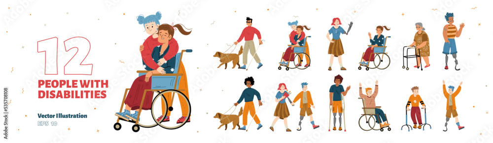 Set of diverse people with disabilities. Blind characters with guide ...